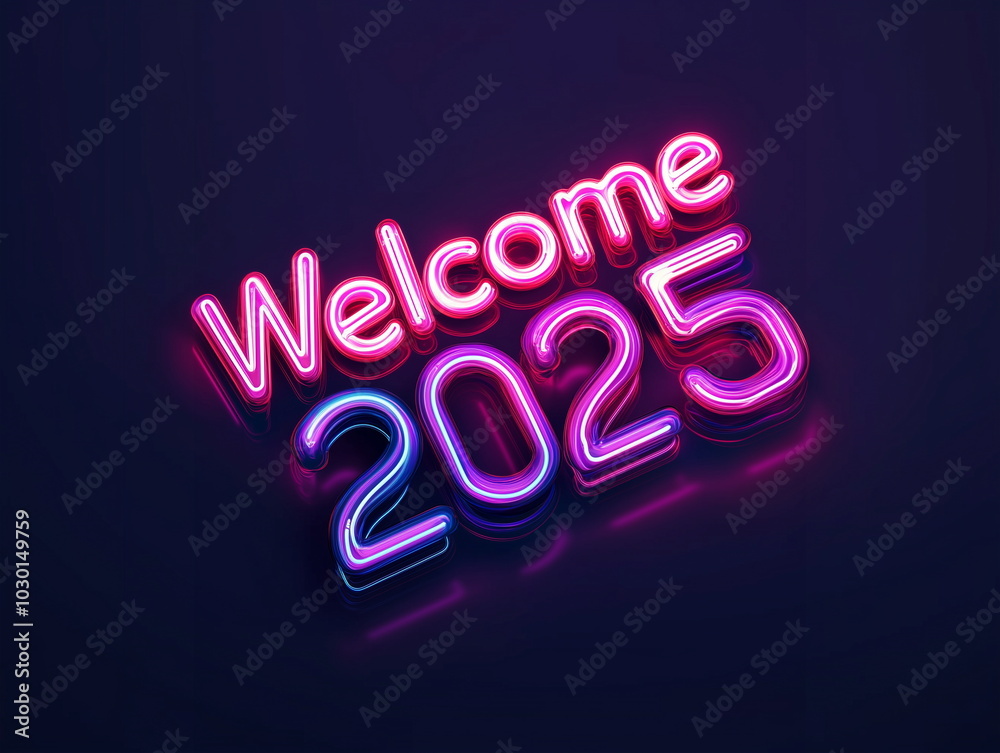 Neon sign of 'Welcome 2025' text decorated with pink and purple lights ...