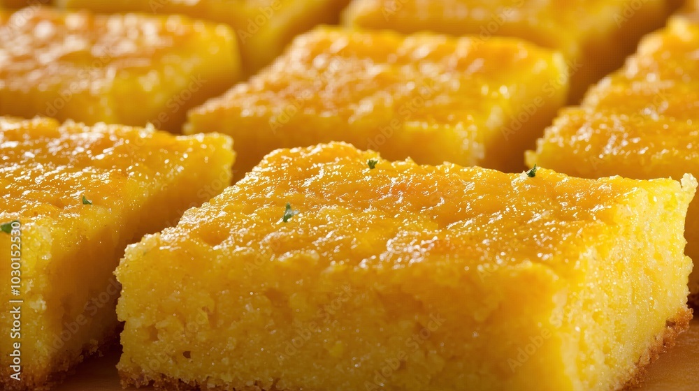 Close up of freshly baked square indian dhokla khaman of yellow cake ...