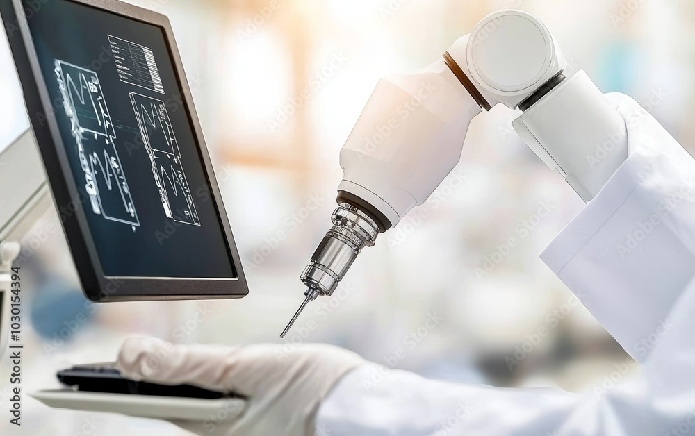 A futuristic medical robot scanning a patient with laser technology ...