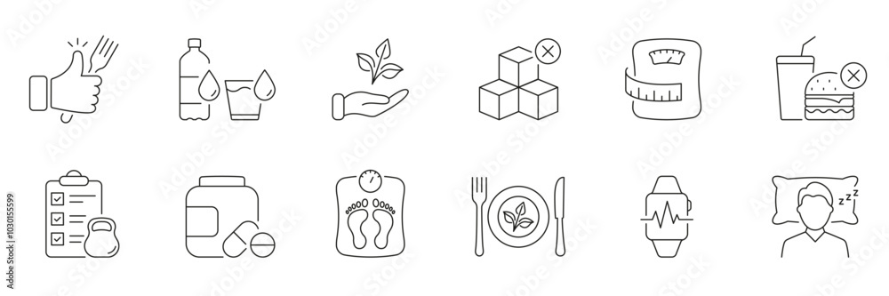 Healthy Living and Nutrition Line Icon Set, Featuring Diet, Hydration ...