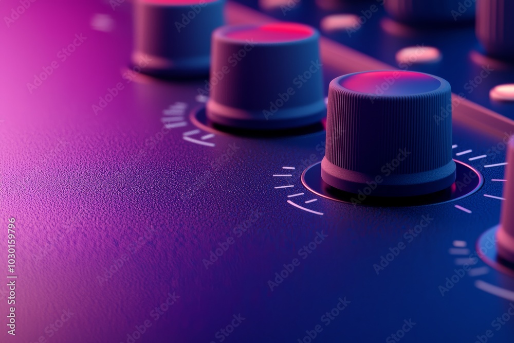 Detail of synthesizer control panel with vivid red lights and precision ...