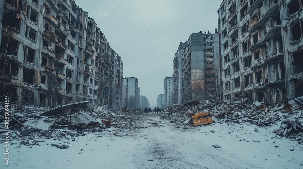 Cinematic photo of the ruins and destruction in cities, destroyed ...