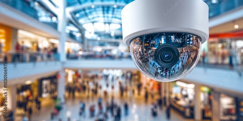 Surveillance camera mounted in a modern shopping mall. The bright ...