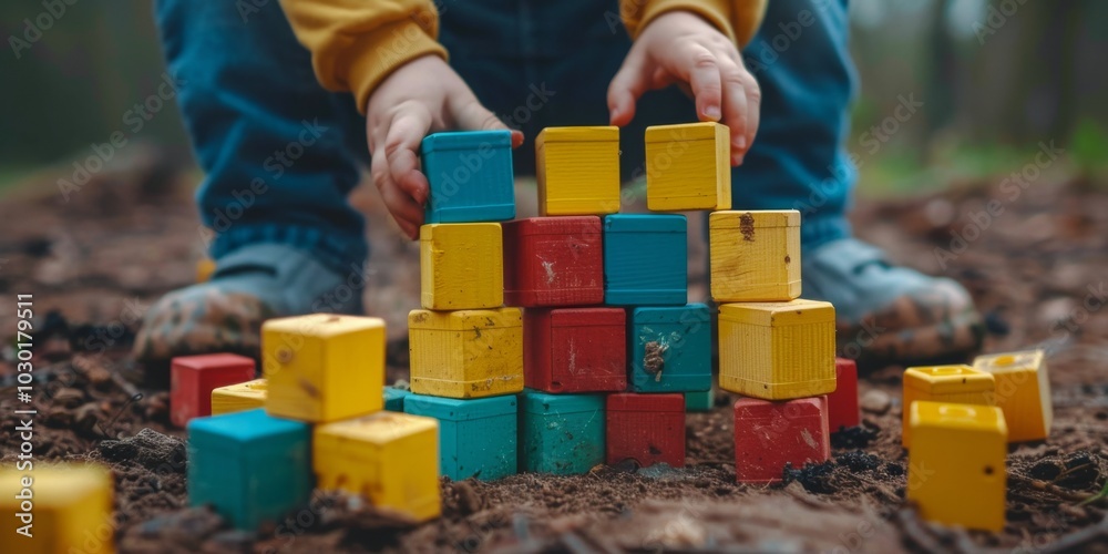 Child builds a colorful tower with wooden blocks outdoors in a forest ...