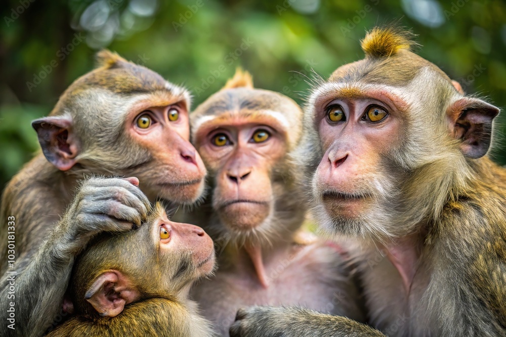 Mischievous monkeys grooming each other in a circle at the sanctuary ...