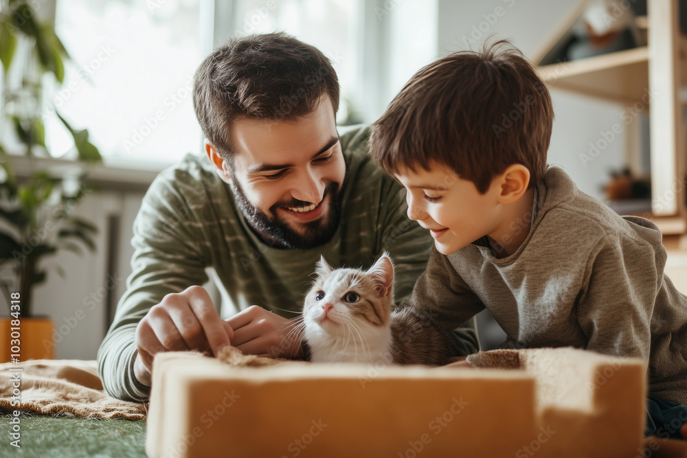 Parent and child building a DIY pet habitat together, collaborative and ...