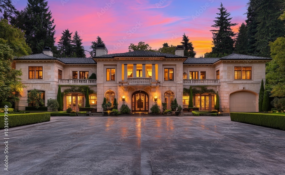 Sunset view of a luxury home exterior at sunset with colorful sky and ...