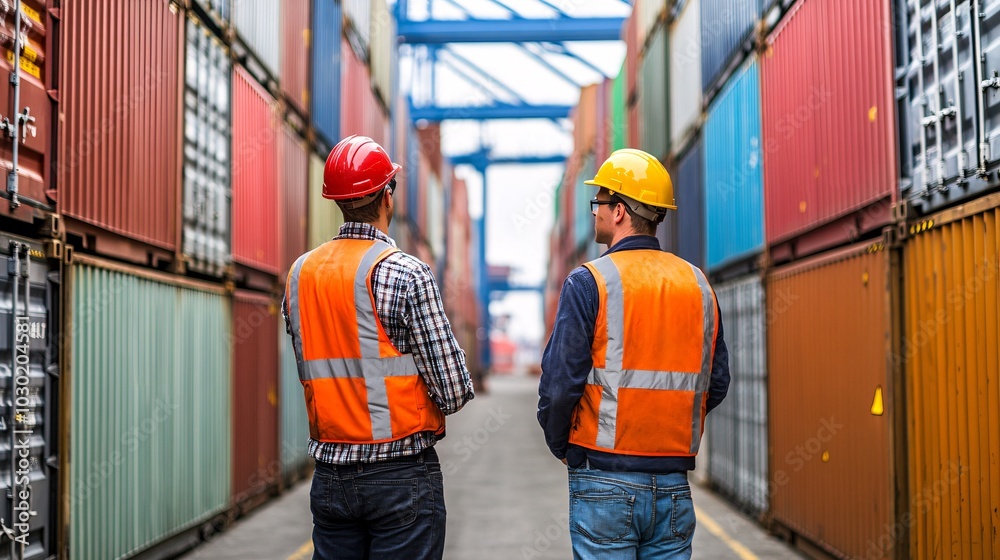 Port workers overseeing the loading and unloading of shipping ...