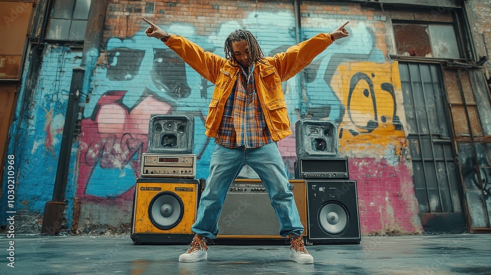 Hip-hop dancer performing a windmill on the street, with 80s boom box ...