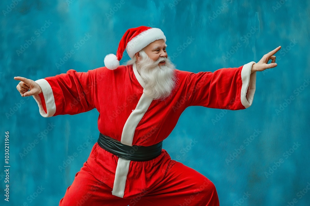 Santa Claus in his red suit, practicing tai chi with a serene backdrop ...