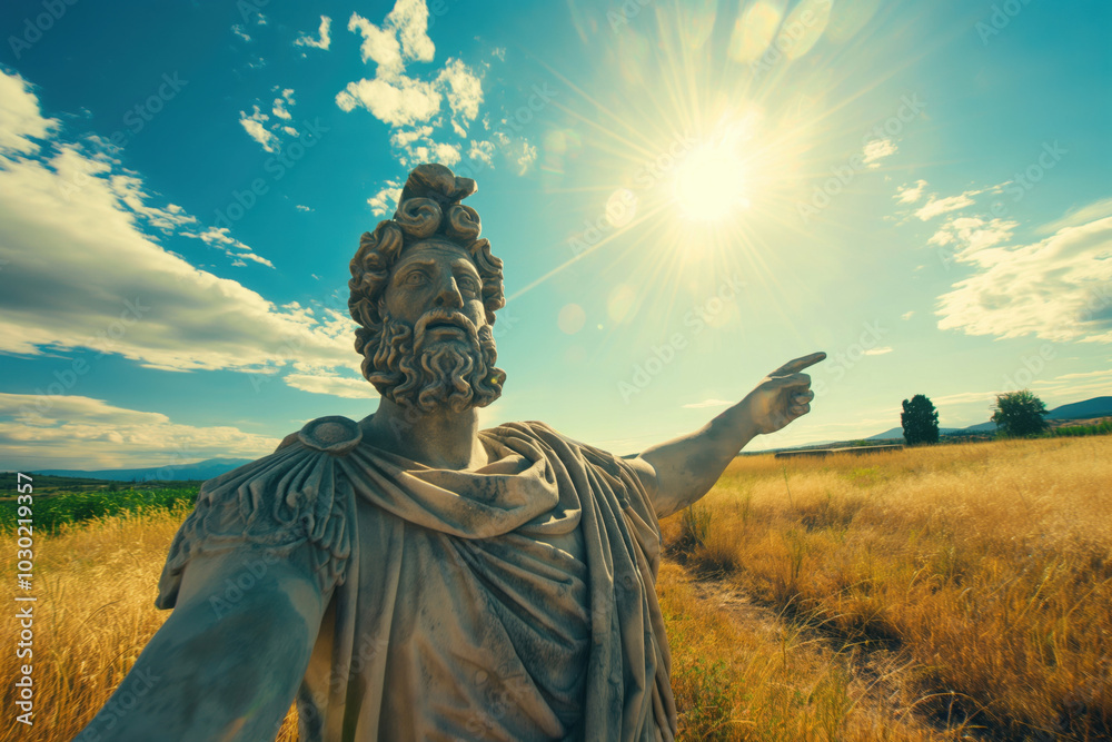 Majestic Greek god statue stands tall in a sunlit field, pointing ...