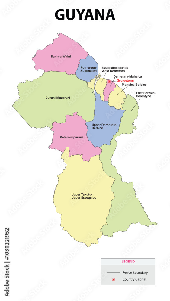 Guyana Map. State map of Guyana. State map of Guyana in colour with capital. Stock Vector ...