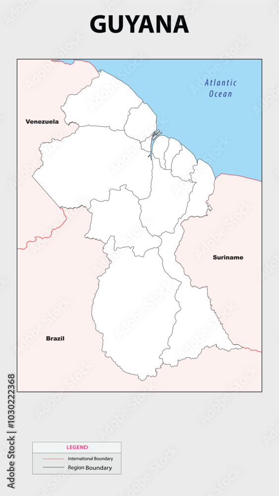 Guyana Map. Political map of Guyana with state border in outline ...