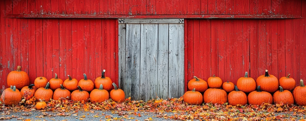 Charming red barn with pumpkins stacked outside in a rustic autumn ...