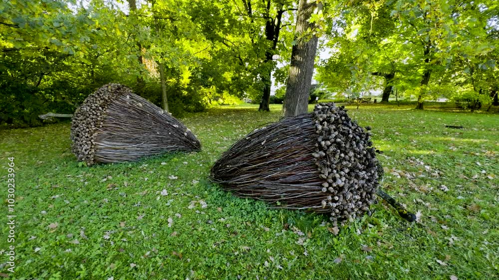 Two large, handcrafted sculptures resembling cones are placed on the ...