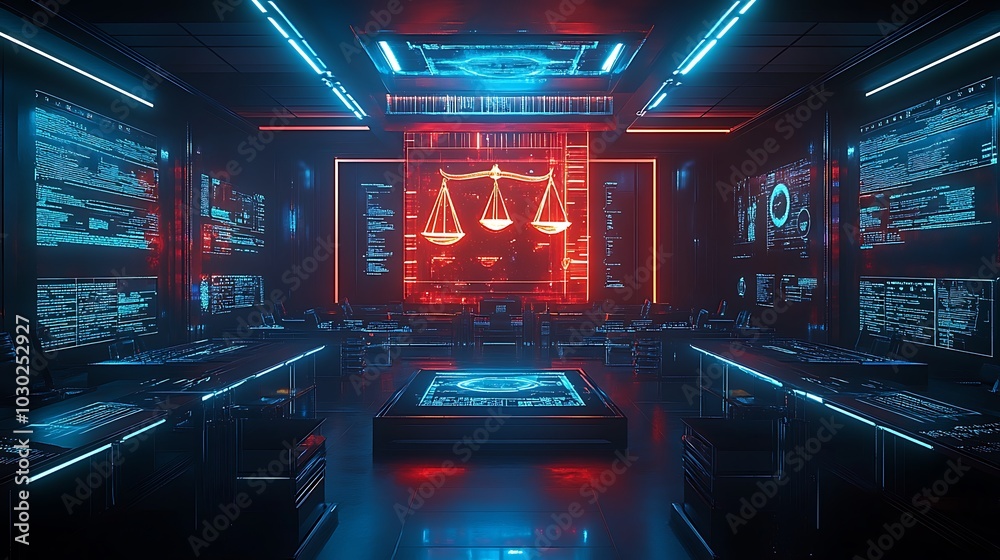 A futuristic courtroom where AI systems are making legal decisions ...