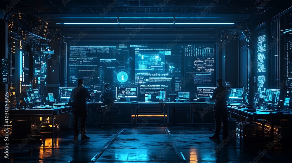 A futuristic crime lab where law enforcement officers use holographic screens to analyze digital ...