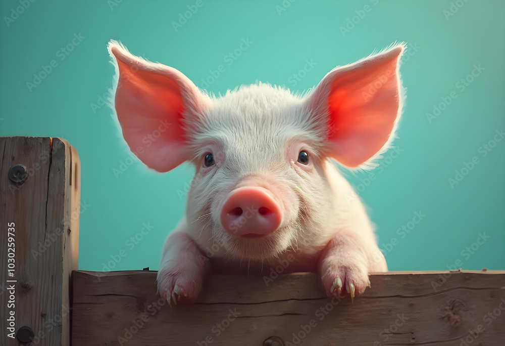 Candid image of cute pig with large ears peeking over wooden fence ...