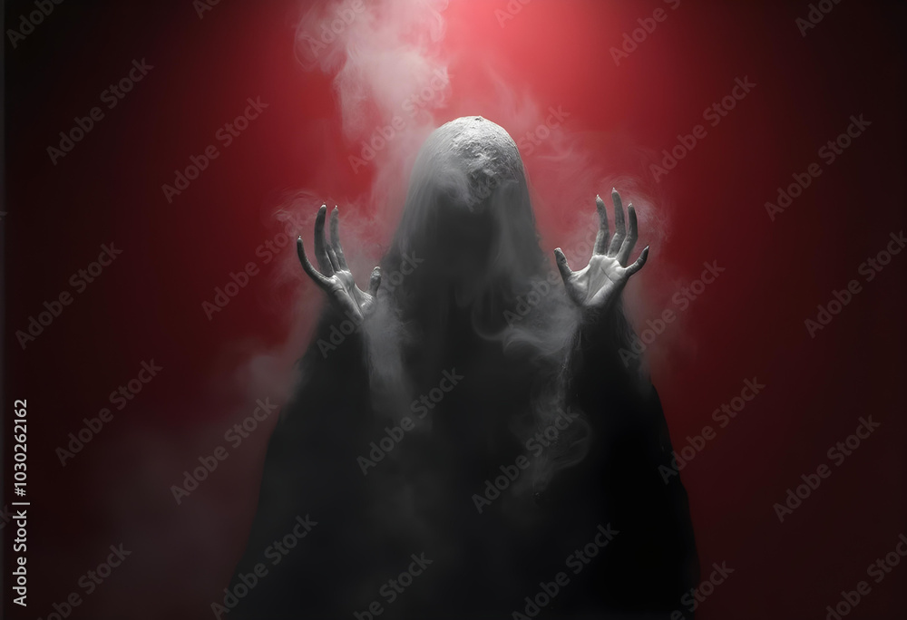 Eerie figure shrouded in mist, hands raised in haunting pose against ...