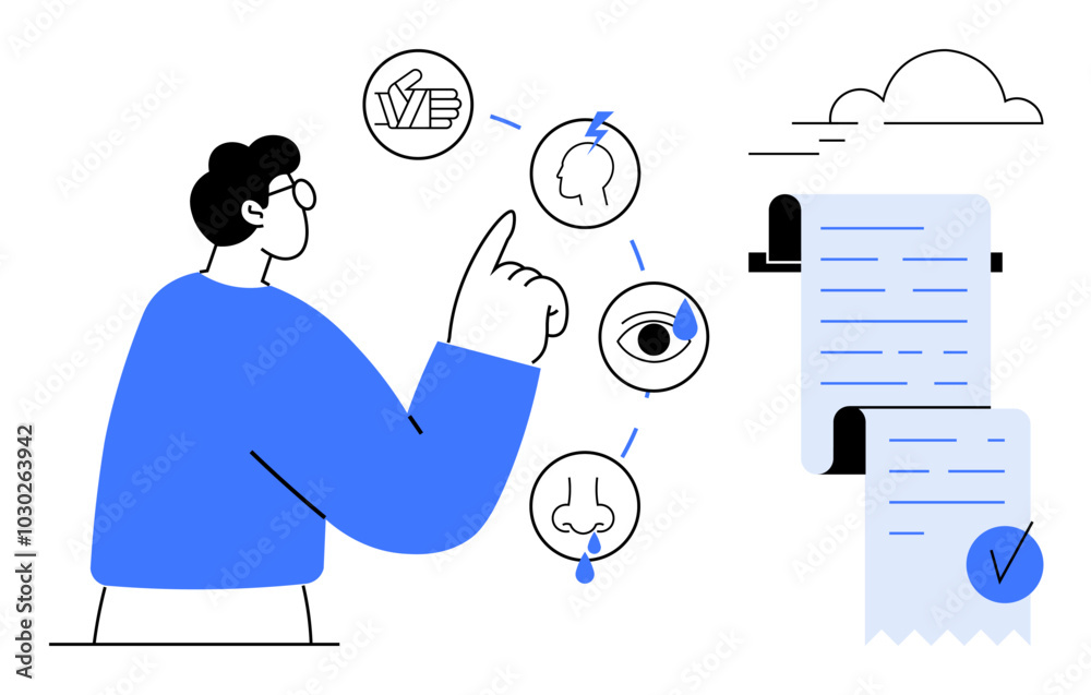 A man gestures toward five sensory system icons including touch ...