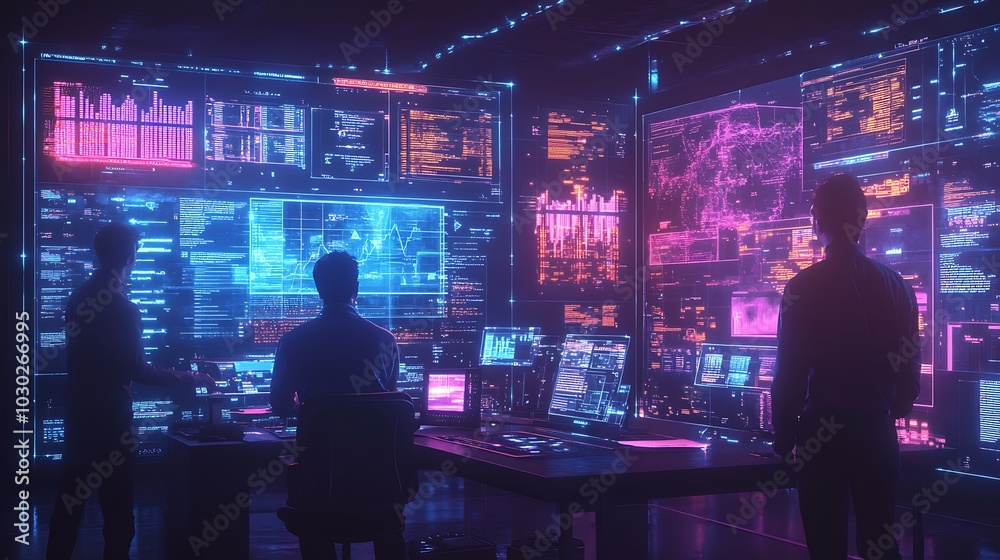 Startup founders analyzing holographic legal compliance data, floating ... Startup founders analyzing holographic legal compliance data, floating ...