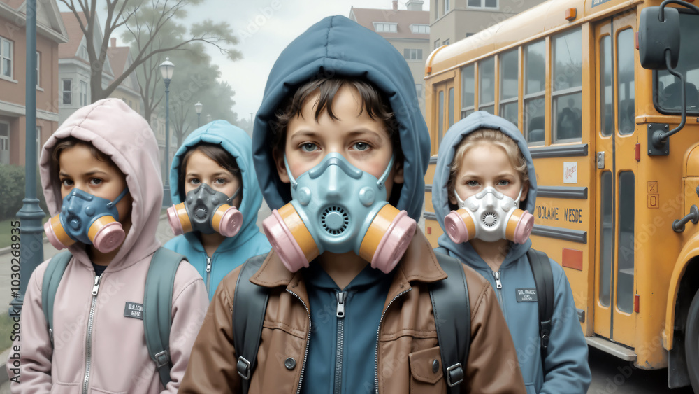 Air pollution concept - A group of white Caucasian children wearing gas ...