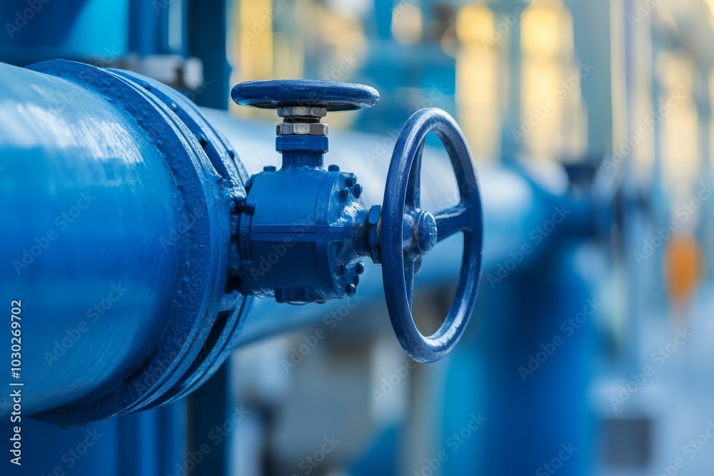 Water pipes and pressure control industrial system. Blue closing valve ...