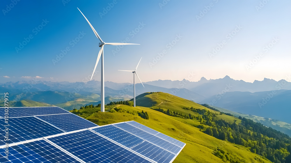 A hillside covered in solar panels and wind turbines representing green ...