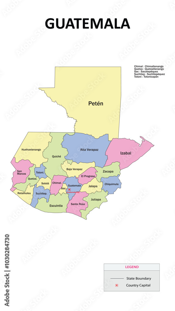 Guatemala Map. State map of Guatemala. State map of Guatemala in colour with capital. vector de ...