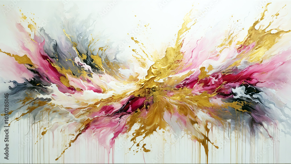 abstract painting of flower with splashing gold and pink paint on black ...