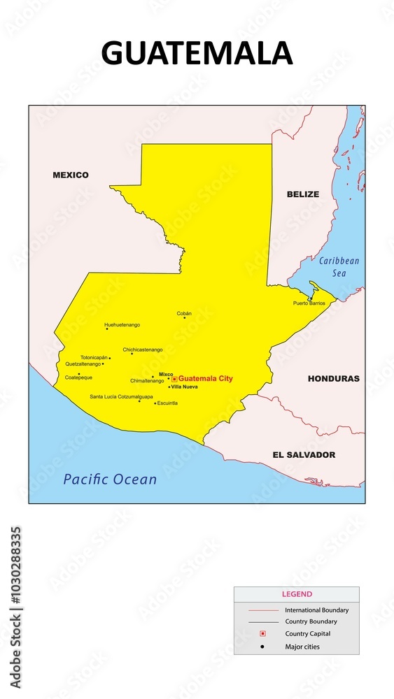 Guatemala Map. Major cities in Guatemala. Political map of Guatemala with border and ...