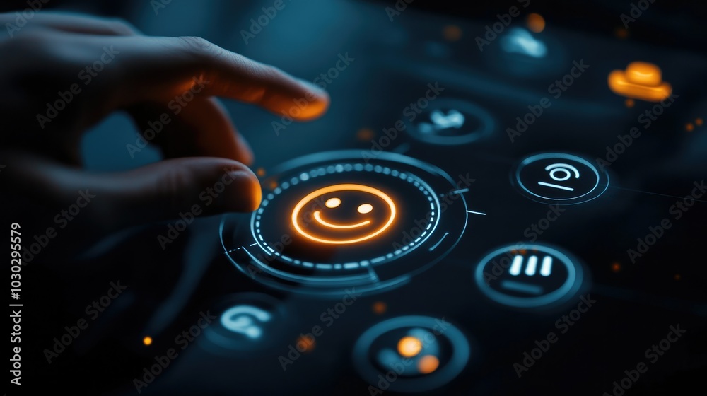 A close-up of a customer hand hovering over a feedback scale with five ...