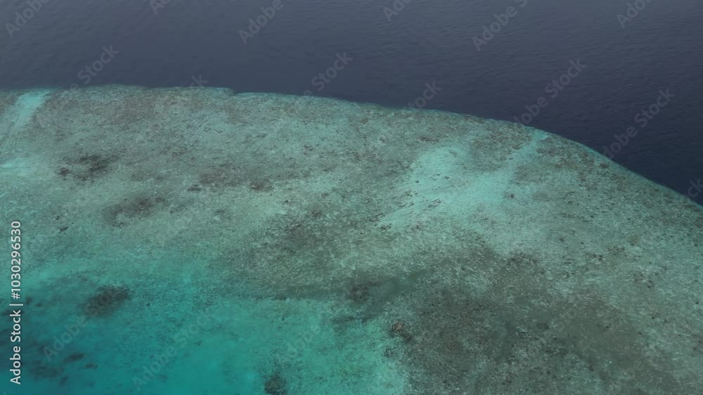 drone approaching the scenic unpolluted coral reef in the Maldives ...