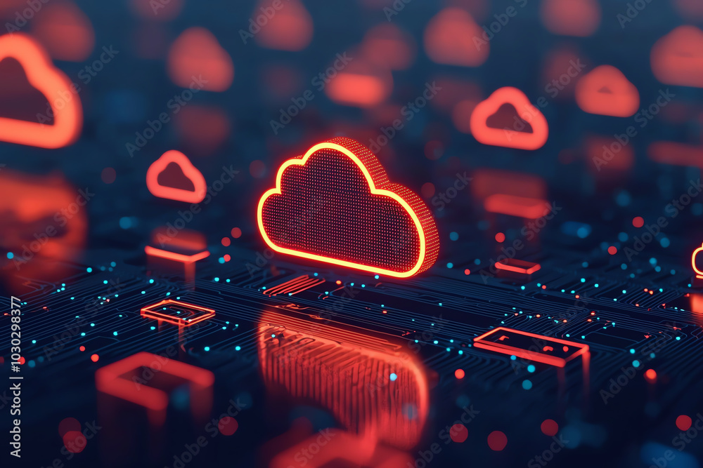 Files being uploaded to a cloud storage system, wrapped in layers of encryption codes and ...