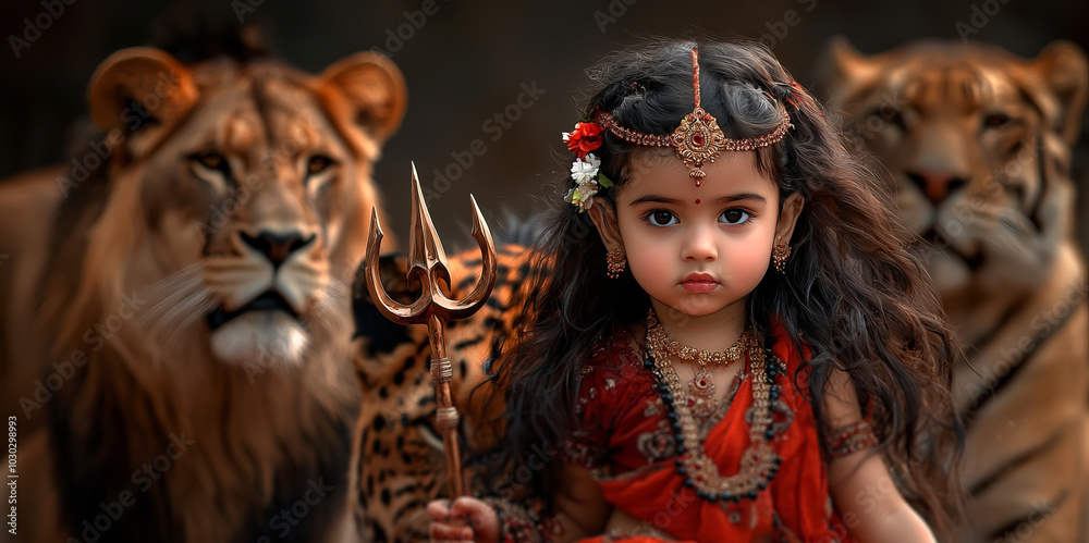 baby girl dressed up as goddess kali wearing red sari, holding trident ...