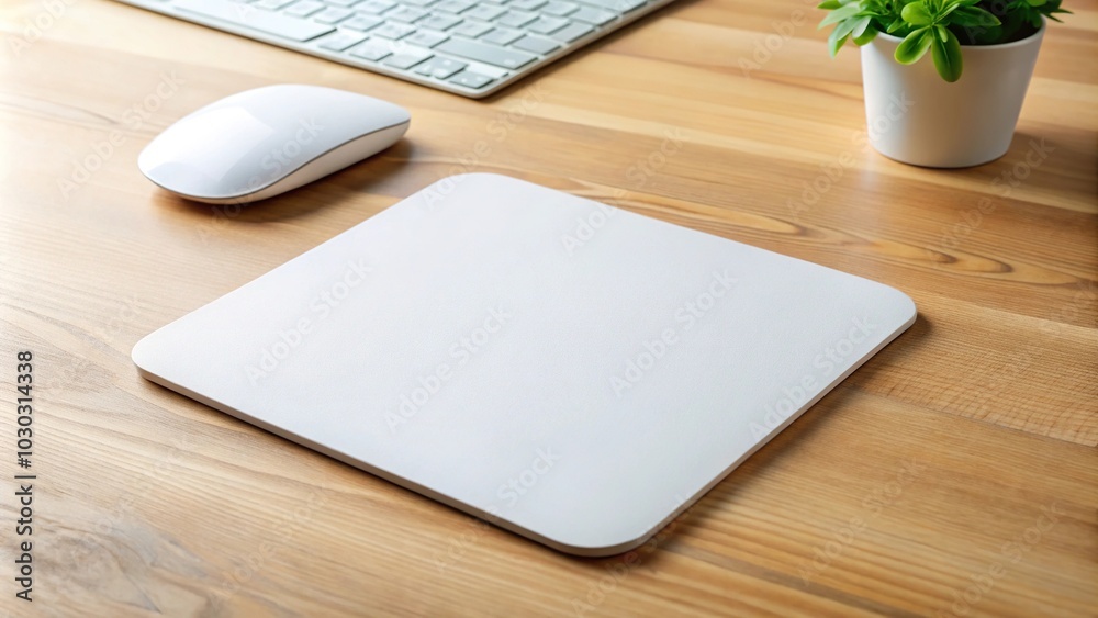 White mouse pad mockup with a tilted angle on a table with various ...