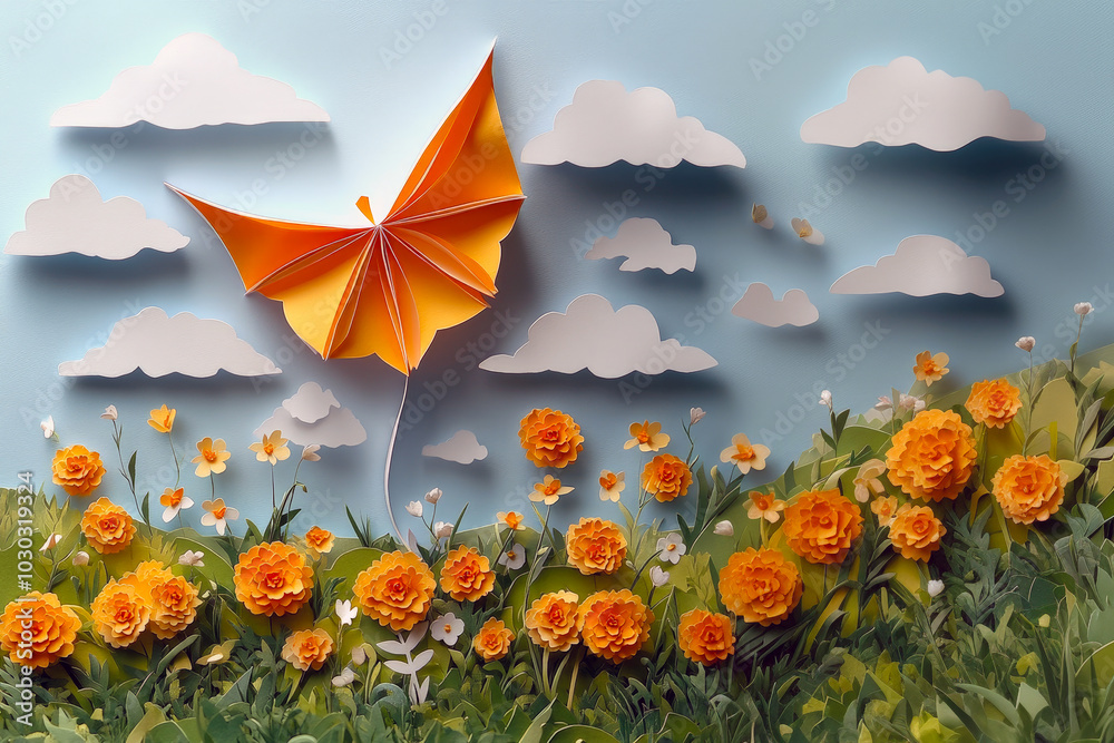 Orange kite in floral paper landscape.Star-shaped orange kite in a ...