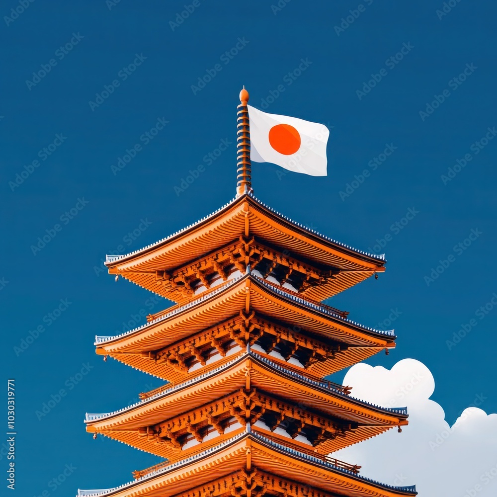 Japan's National Flag & Buddhist Pagoda at Asakusa Temple, Tokyo ...