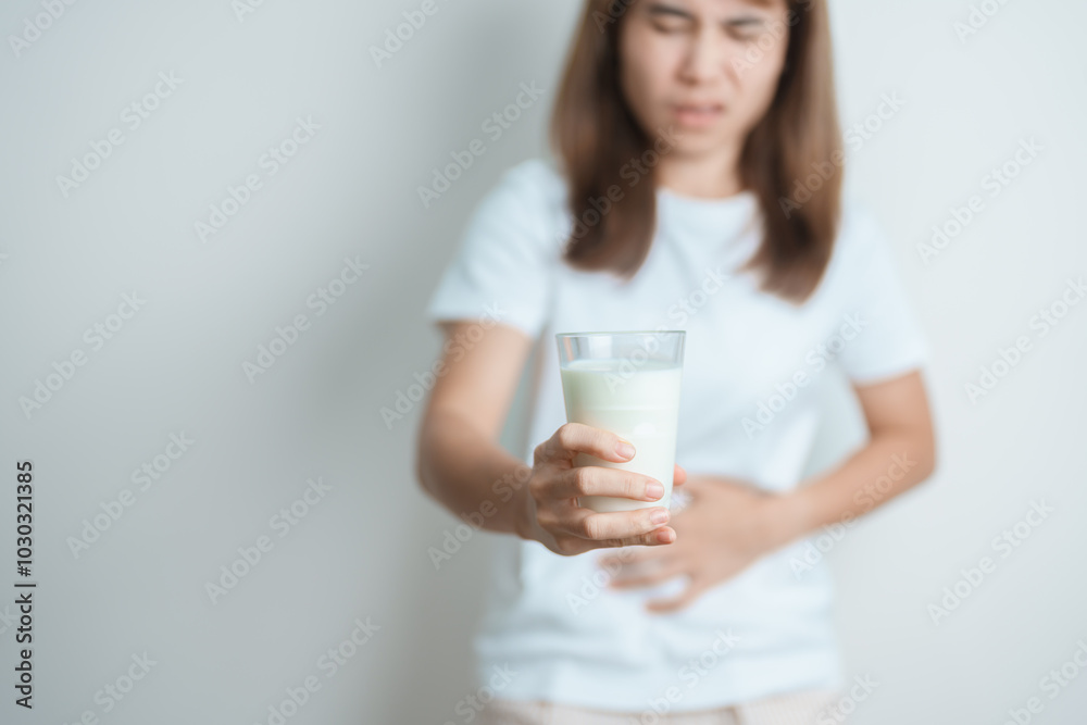 Lactose intolerance and Milk allergy concept. woman hold Milk glass and ...