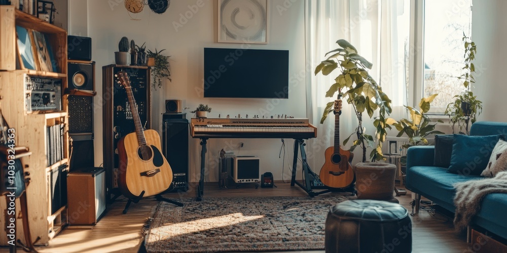 Music Studio with a Teacher Giving a One-on-One Guitar Lesson to a ...