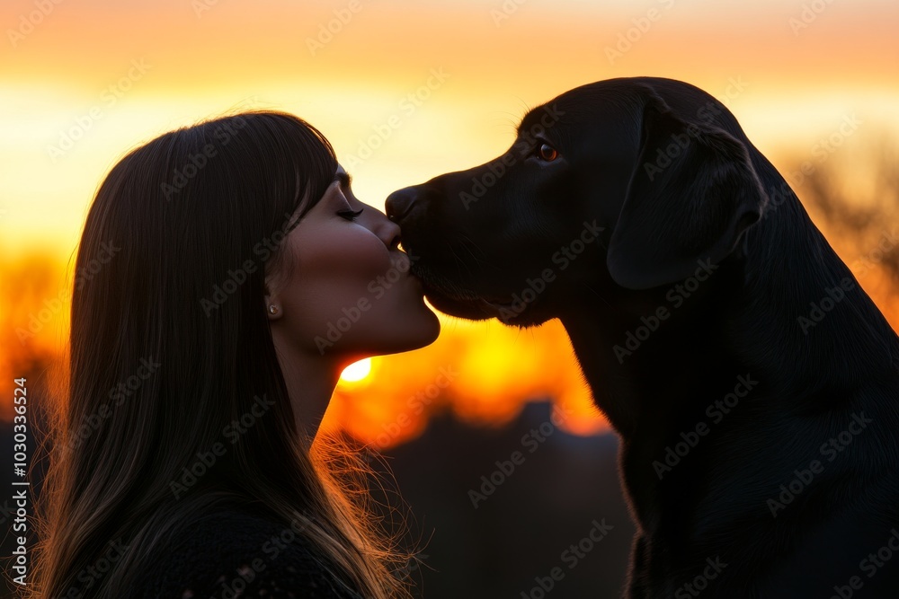Silhouette of a woman kissing her black Labrador at sunset capturing a ...