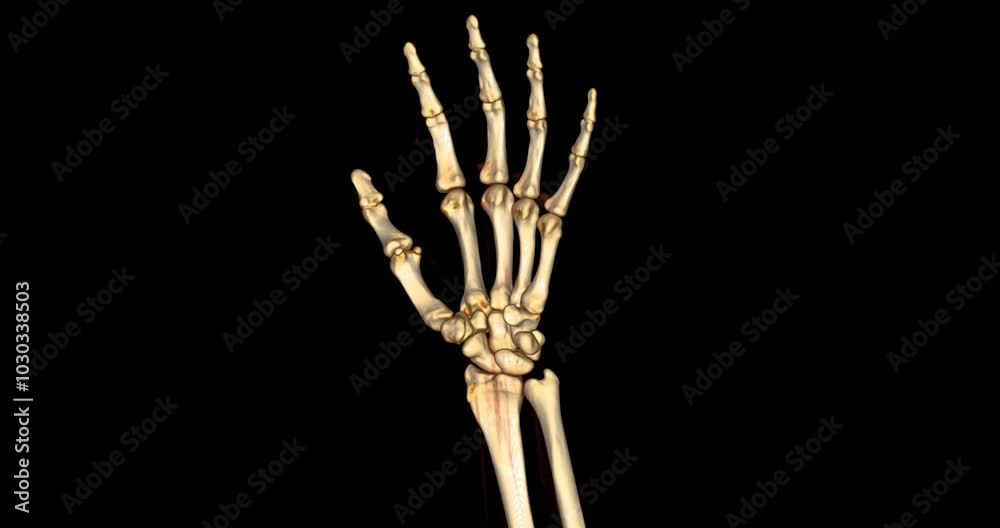 CT scan footage showing a detailed 3D rendering of a normal human hand ...