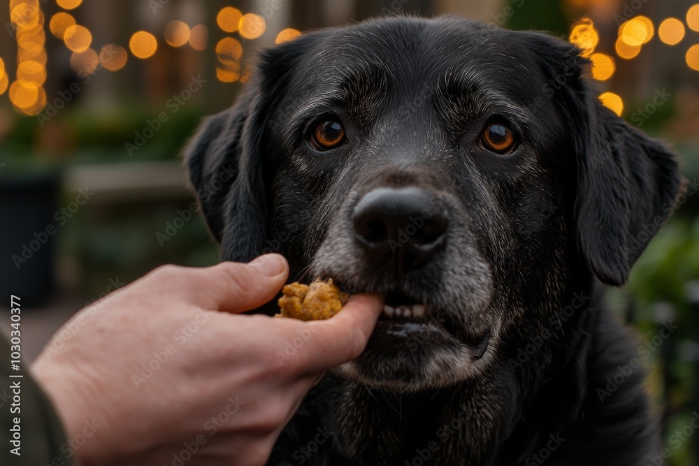 Black labrador dog being fed a treat by hand representing loyalty ...