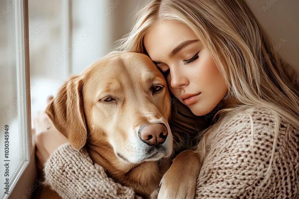 Woman gently hugging her golden retriever capturing warmth affection ...