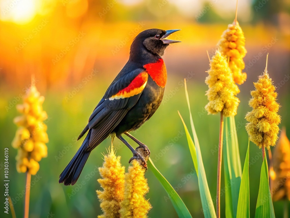 Amidst the thriving marshland, a brilliant red-winged blackbird lifts ...