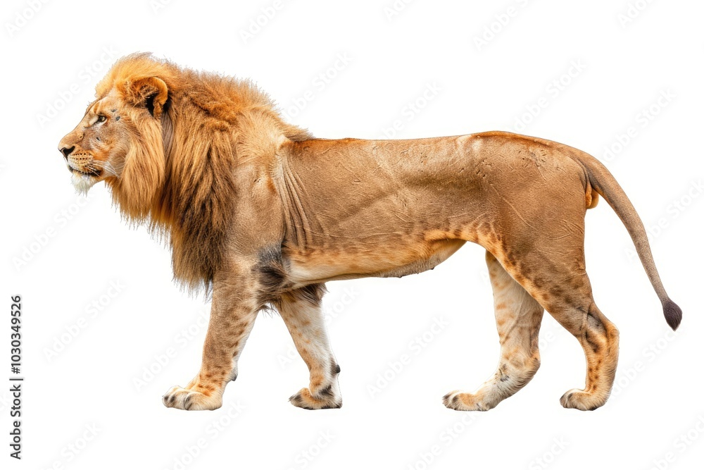 A majestic lion walking, in a side view isolated on a white background ...