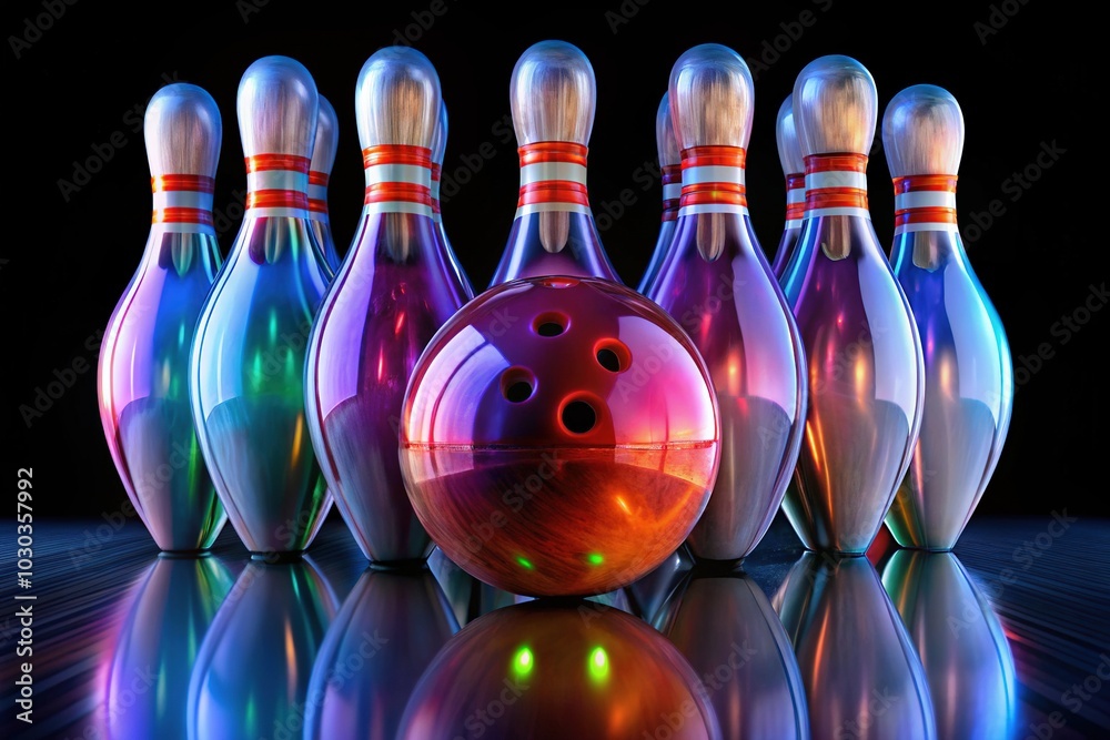 Featuring a transparent backdrop, this classic ten-pin bowling ball and ...