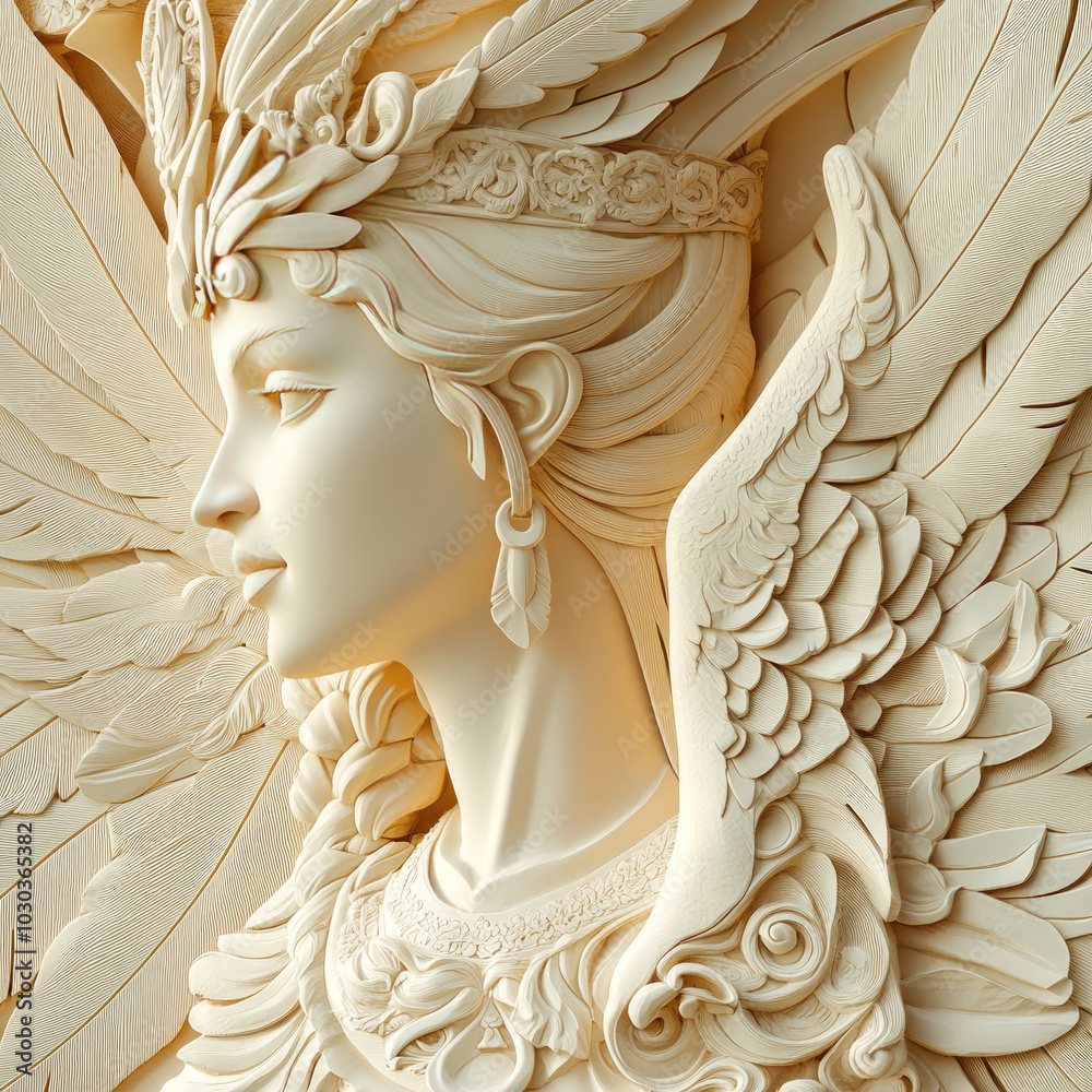 3D bas-relief of the goddess of victory in vanilla and beige tones ...