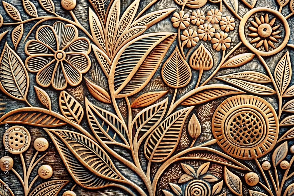 Intricately detailed linocut design with organic shapes and patterns ...