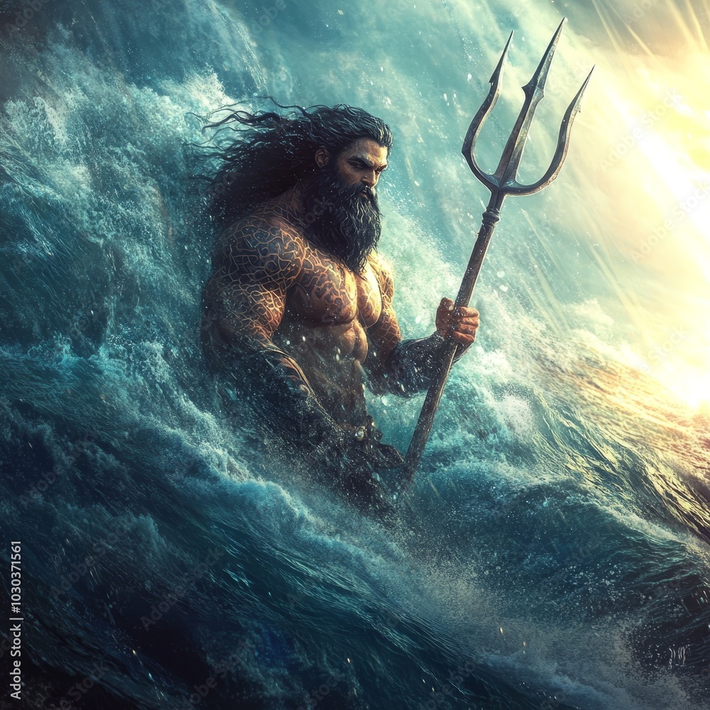 Greek mythology, the god of the sea, Poseidon holds his trident,a grand ...